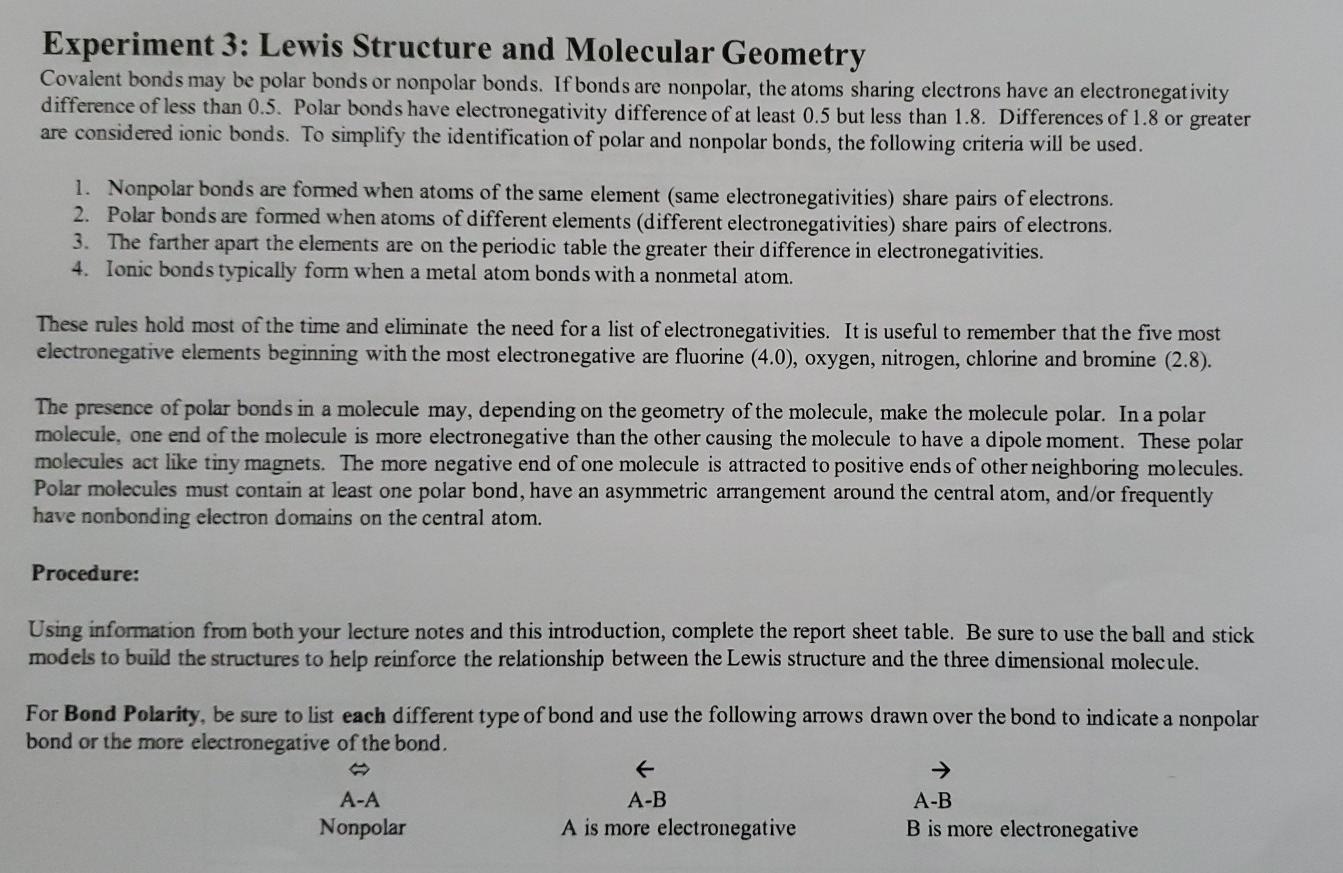 Solved Experiment 3: Lewis Structure and Molecular Geometry | Chegg.com