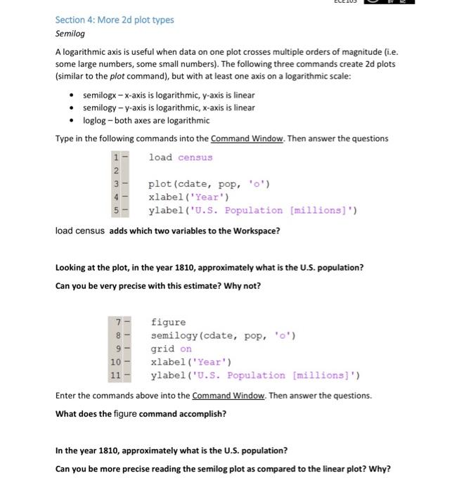 Solved Section 4: More 2d plot types Semilog A logarithmic | Chegg.com