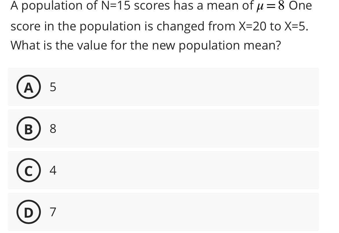 Solved A population of N=15 ﻿scores has a mean of μ=8 ﻿One | Chegg.com