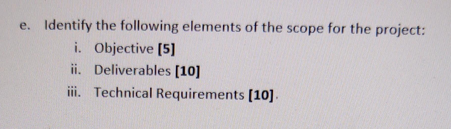 Solved e. Identify the following elements of the scope for | Chegg.com
