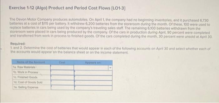 Solved Exercise 1-12 (Algo) Product and Period Cost Flows | Chegg.com