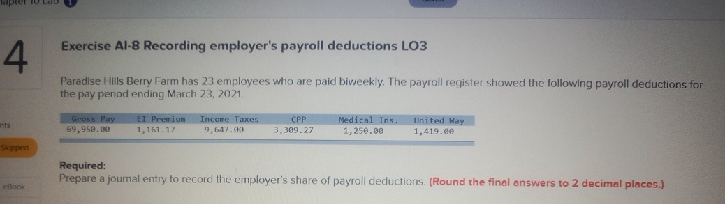 Solved Exercise Al-8 ﻿Recording employer's payroll | Chegg.com