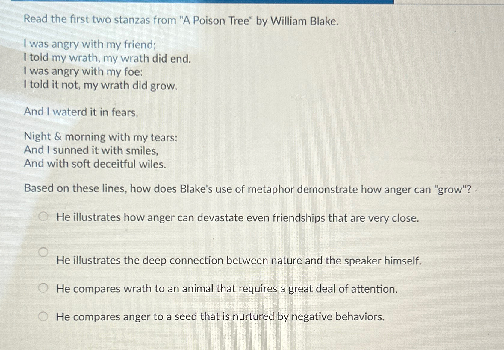 Solved Read the first two stanzas from "A Poison Tree" by | Chegg.com