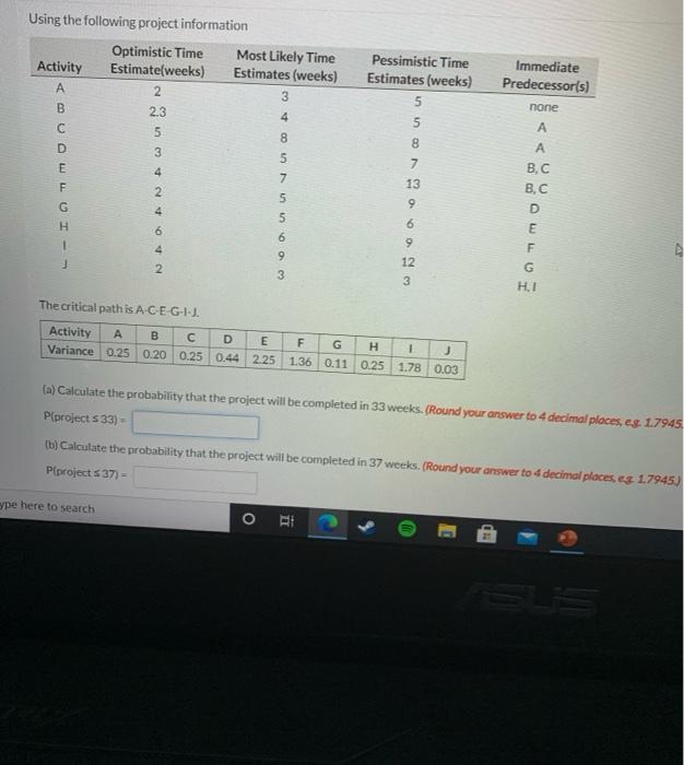 Solved Using the following project information Optimistic | Chegg.com