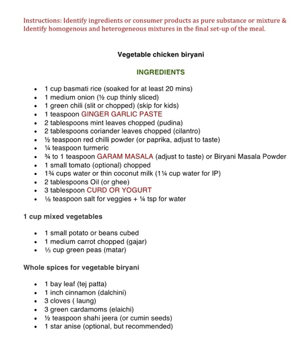 Solved Instructions: Identify ingredients or consumer | Chegg.com