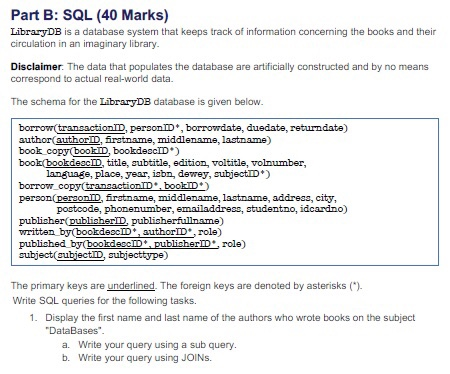 Solved Part B: SQL (40 Marks) LibraryDB is a database system | Chegg.com