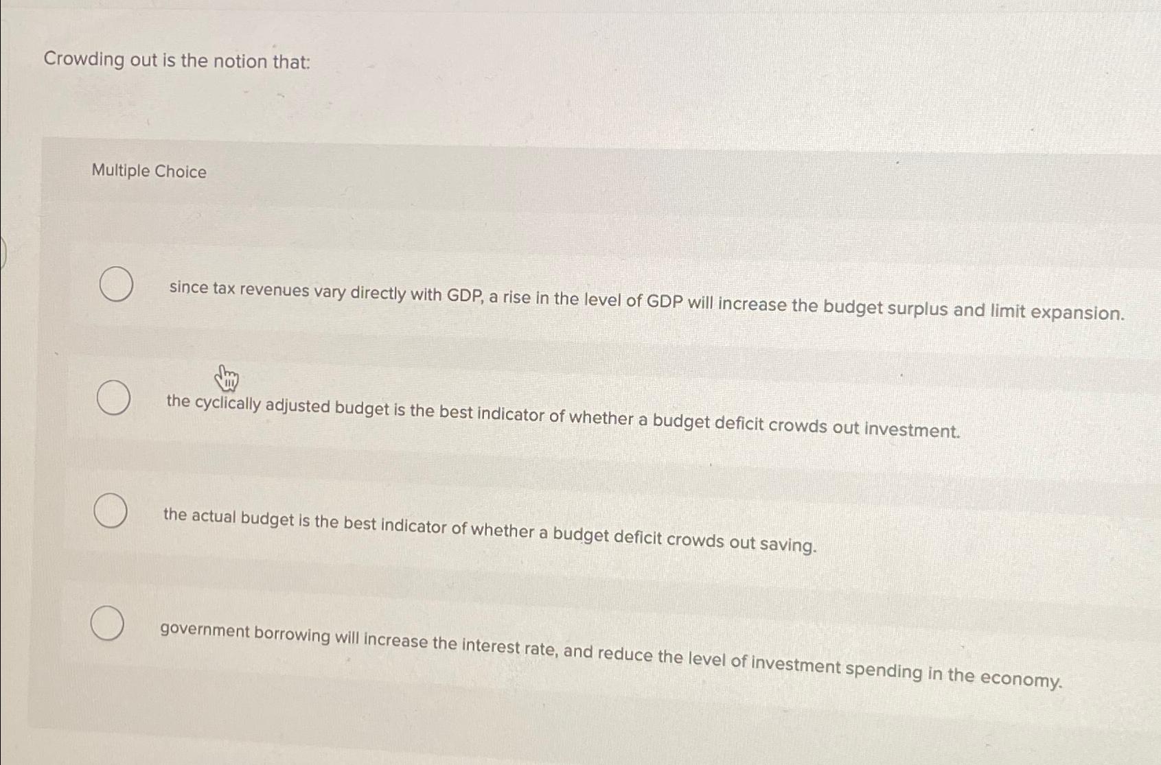 Solved Crowding out is the notion that:Multiple Choicesince | Chegg.com