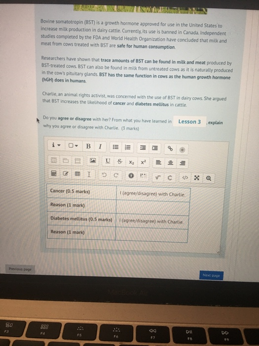 Solved Bovine somatotropin (BST) is a growth hormone | Chegg.com