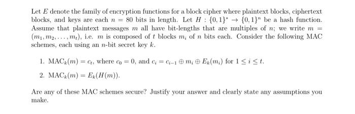 Solved Let E denote the family of encryption functions for a | Chegg.com