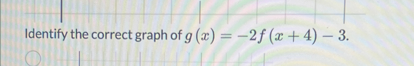 Solved Identify the correct graph of g(x)=-2f(x+4)-3. | Chegg.com