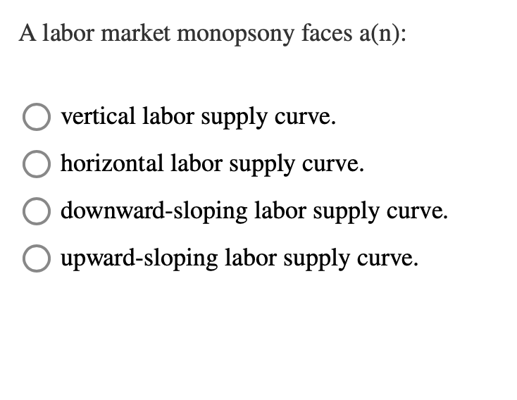 Solved A labor market monopsony faces a(n):vertical labor | Chegg.com