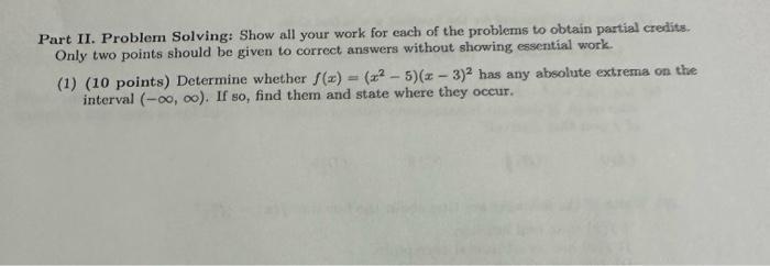 Solved Part II. Problem Solving: Show all your work for each | Chegg.com