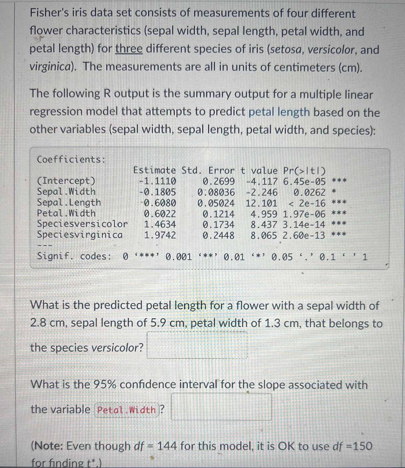 Solved Fisher's iris data set consists of measurements of | Chegg.com