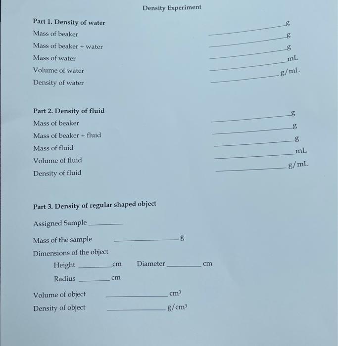 Solved Part 2. Density of fluid Mass of beaker Mass of | Chegg.com