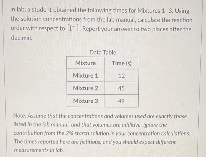 Solved In lab, a student obtained the following times for | Chegg.com