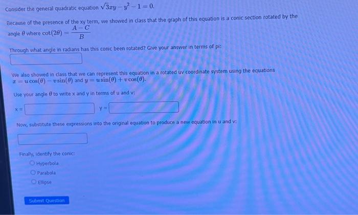 Solved Consider the general quadratic equation \\( \\sqrt{3} | Chegg.com