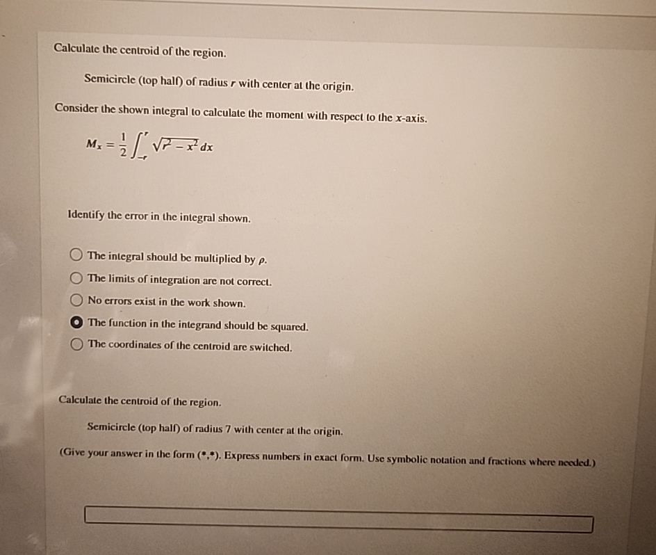 Solved Calculate the centroid of the region.Semicircle (top | Chegg.com