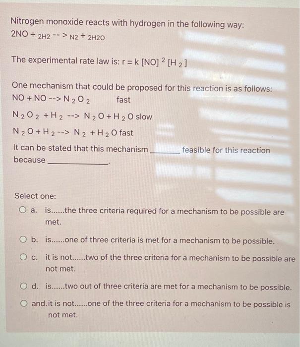 Solved Nitrogen monoxide reacts with hydrogen in the | Chegg.com