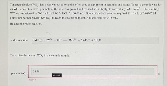 Solved Tungsten trioxide (WO,) has a rich yellow color and | Chegg.com