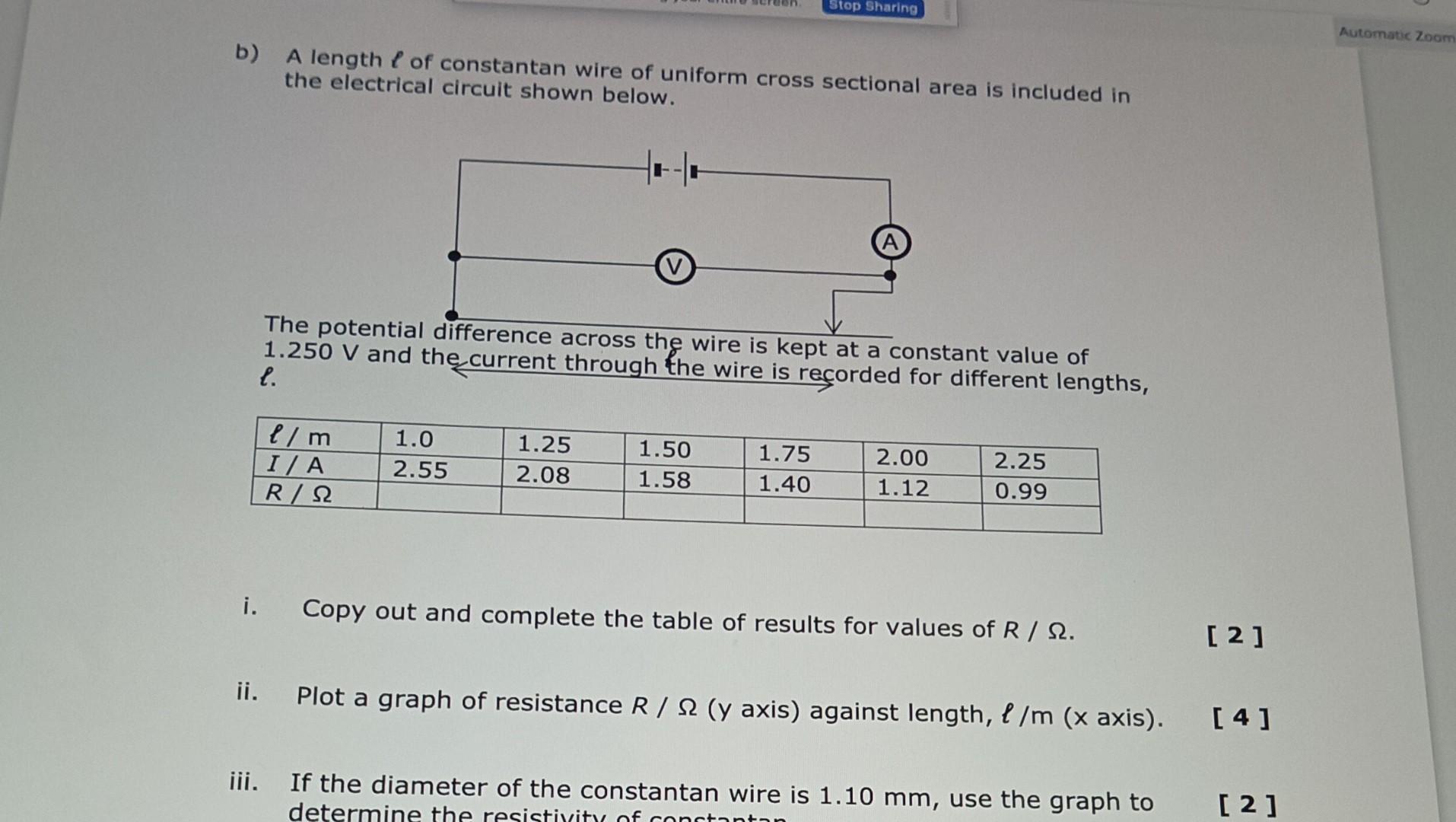 Solved b) A length ℓ of constantan wire of uniform cross | Chegg.com