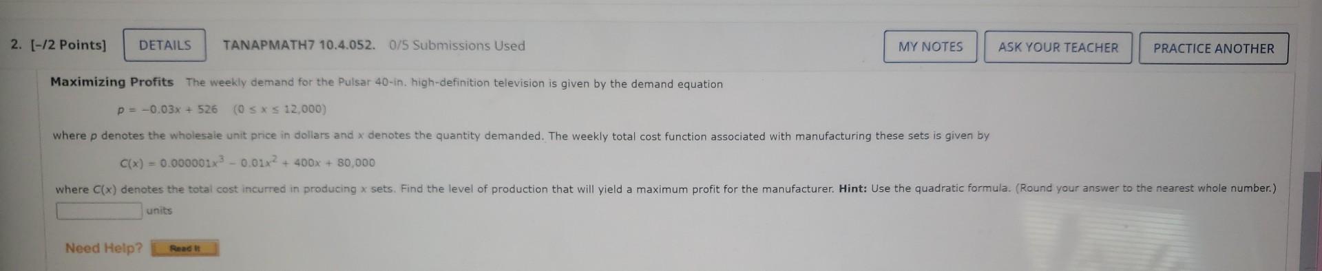 Solved 2. [-/2 Points] DETAILS TANAPMATH7 10.4.052. 0/5 | Chegg.com