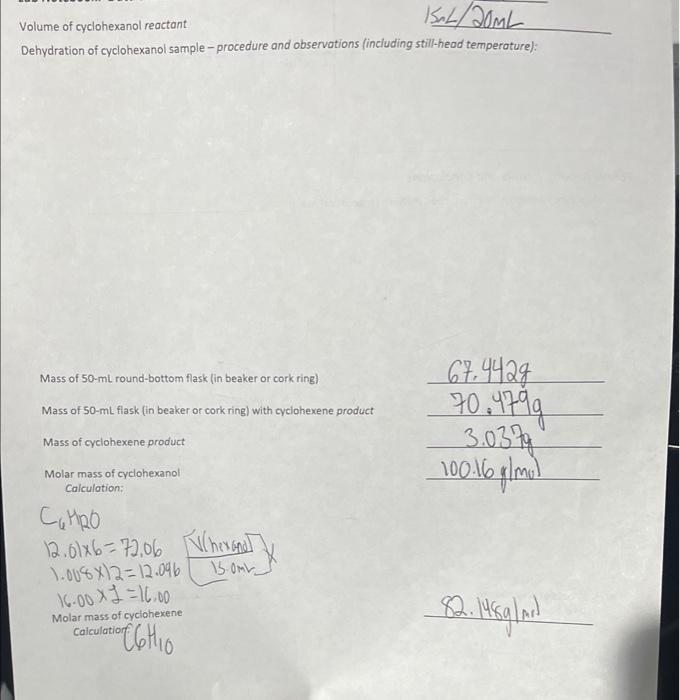 Solved Volume of cyclohexanol reactant Dehydration of | Chegg.com