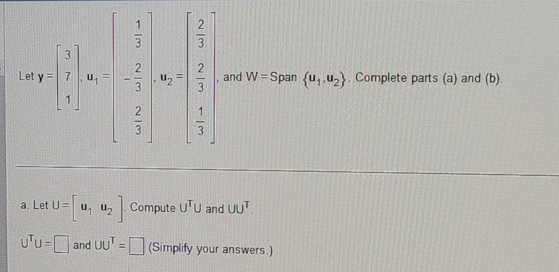 Solved Let y=[371],u1=[13-2323],u2=[232313], ﻿and | Chegg.com