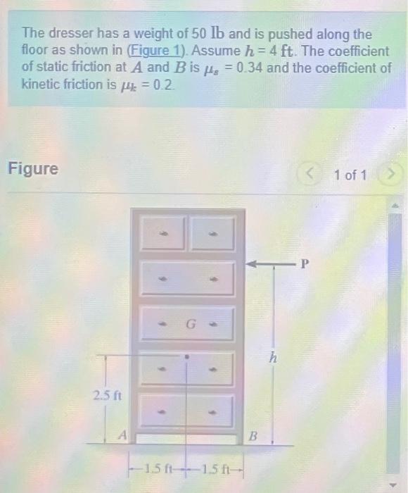Solved The dresser has a weight of 50lb and is pushed along | Chegg.com