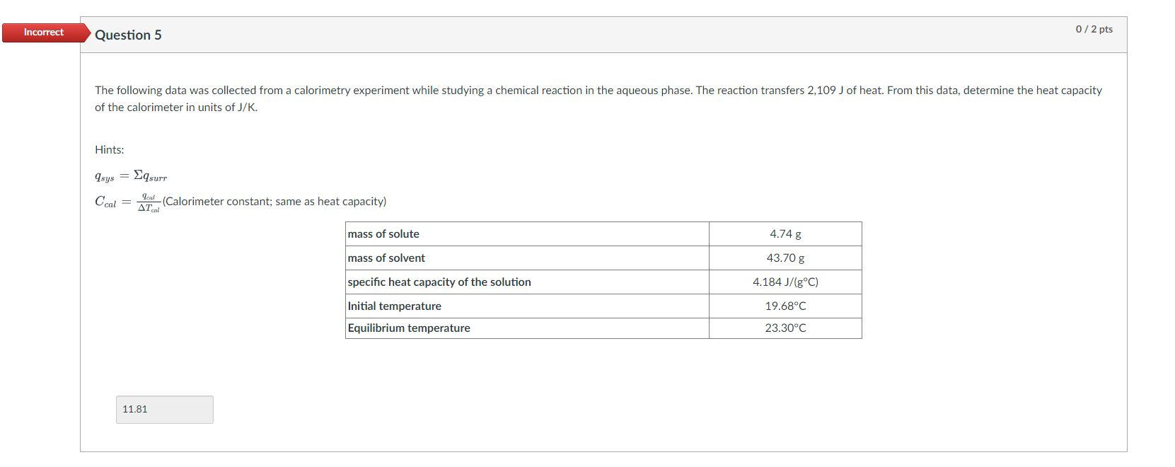 Solved Question 502 ﻿ptsof the calorimeter in units of | Chegg.com