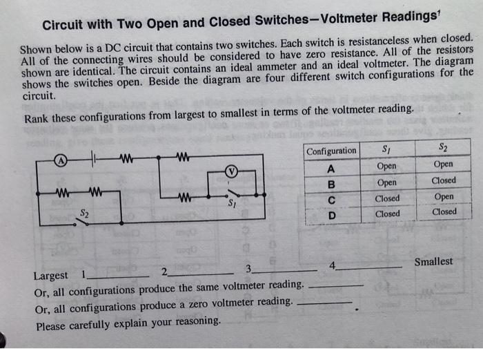 Solved Circuit with Two Open and Closed Switches-Voltmeter | Chegg.com