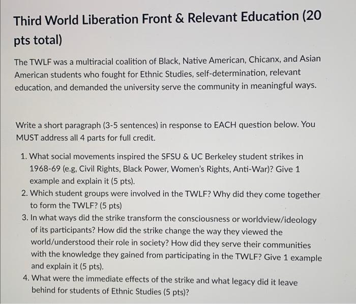 Third World Liberation Front \& Relevant Education | Chegg.com