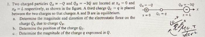 Solved 1. Two charged particles QA=−Q and QB=−3Q are located | Chegg.com