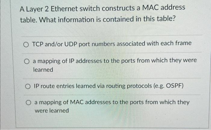 Solved A Layer 2 Ethernet switch constructs a MAC address | Chegg.com