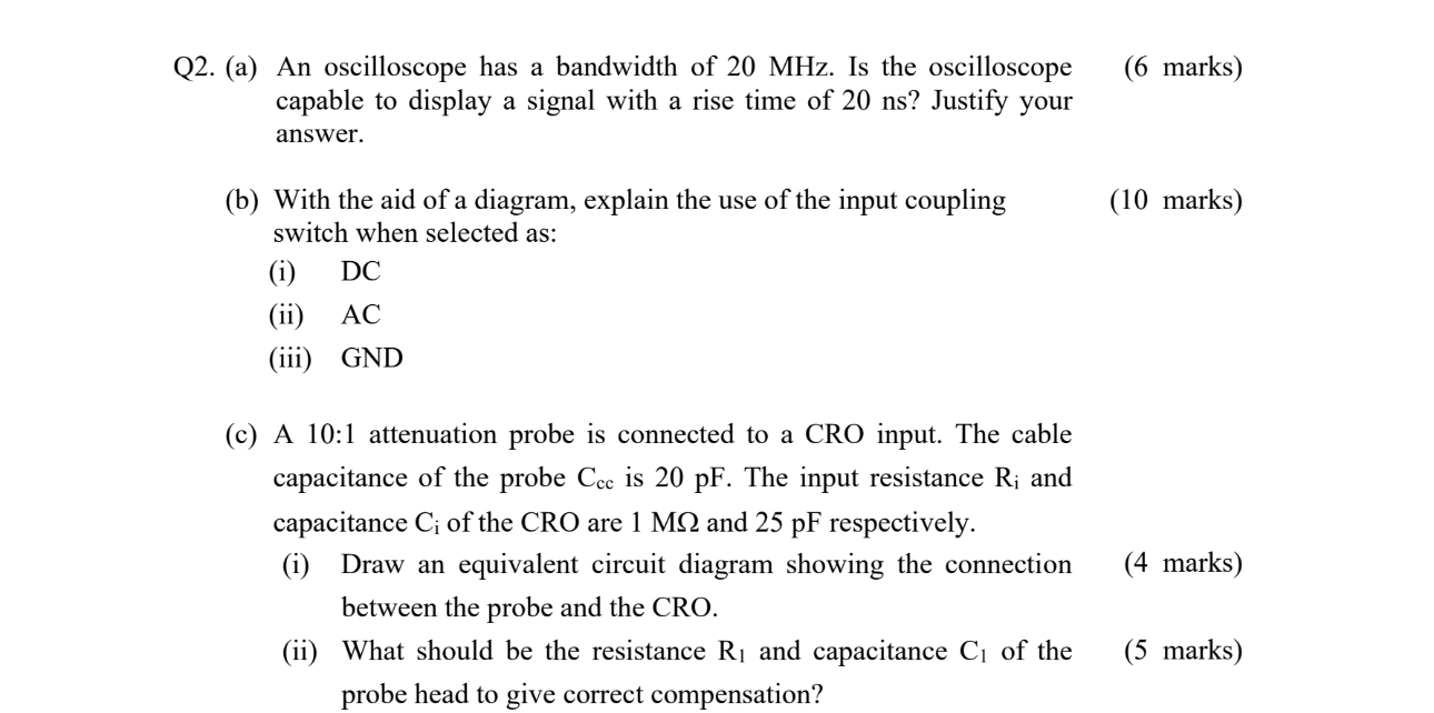 Solved Q2. (a) ﻿An oscilloscope has a bandwidth of 20MHz. | Chegg.com