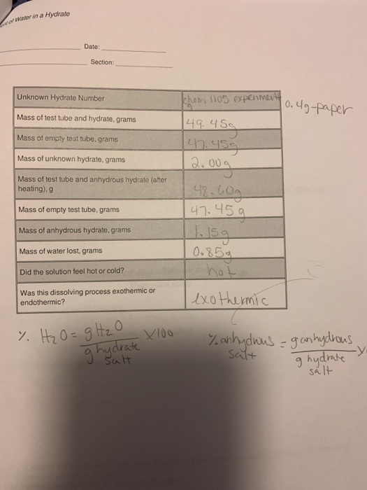 Solved ot Water in a Hydrate Date: Section: khem 1105 | Chegg.com