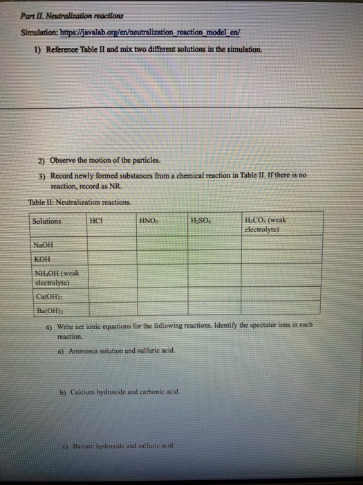 Solved Part II. Neutralization reactions Simulation: | Chegg.com