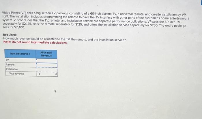 Solved Video Planet (VP) sells a big screen TV package | Chegg.com