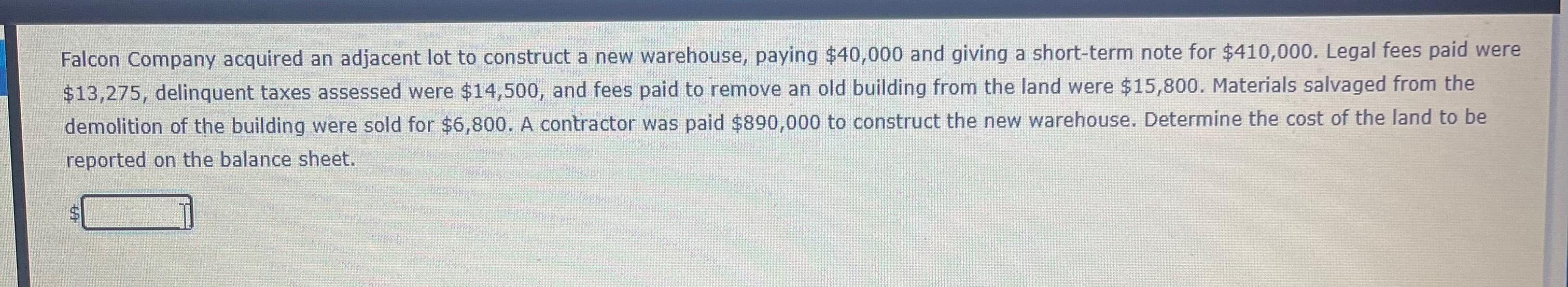 Solved Falcon Company acquired an adjacent lot to construct | Chegg.com