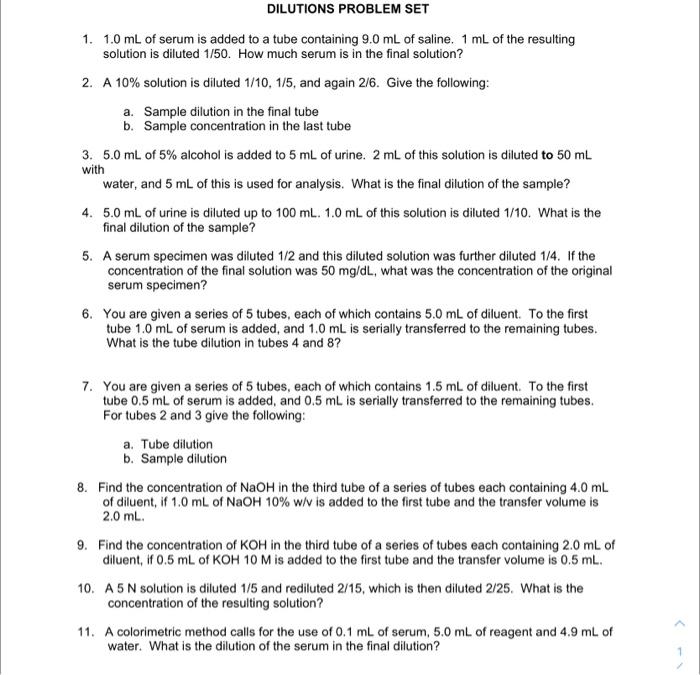 Solved DILUTIONS PROBLEM SET 1. 1.0 mL of serum is added to | Chegg.com