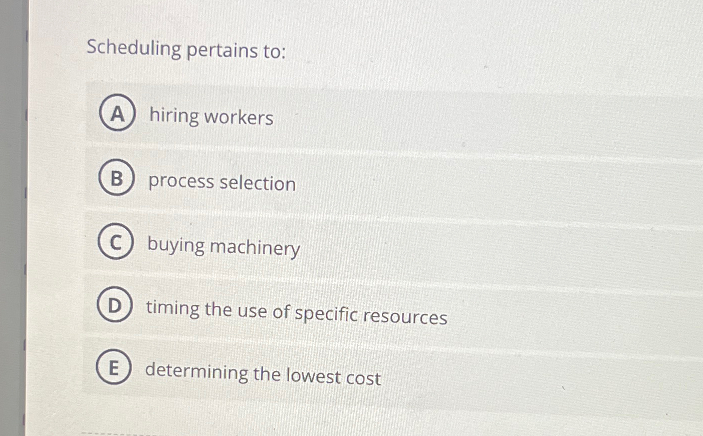 Solved Scheduling pertains to:hiring workersprocess | Chegg.com