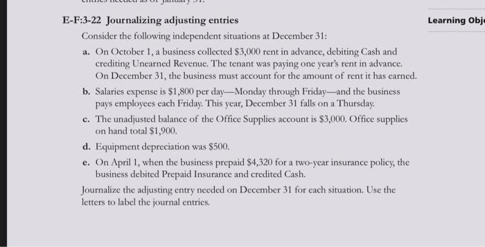 Solved E-F:3-22 Journalizing adjusting entries Consider the | Chegg.com