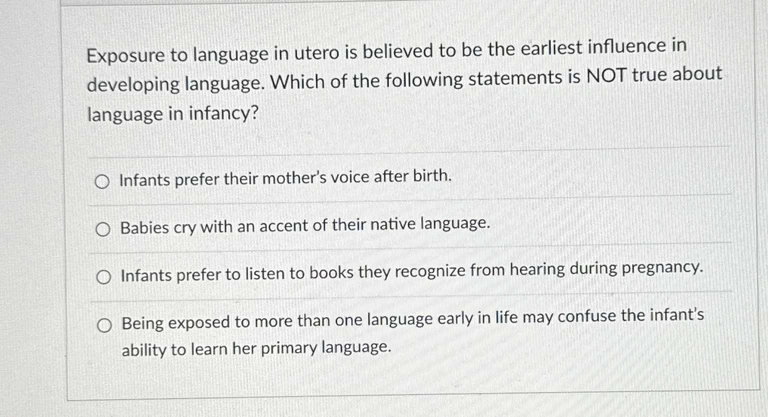 Solved Exposure to language in utero is believed to be the | Chegg.com Solved Exposure to language in utero is believed to be the | Chegg.com