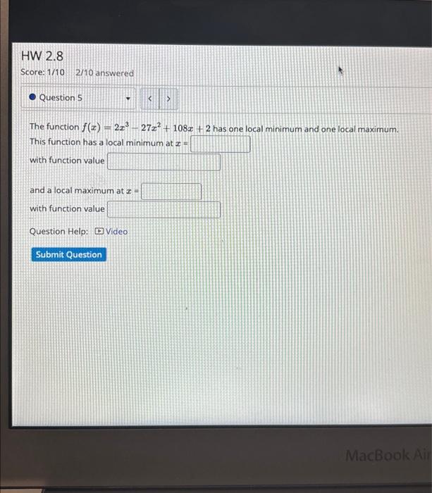 Solved HW 2.8 Score: Question 5 19 The function f(x) = 2x³ | Chegg.com