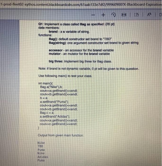 Solved Q1: Implement a class called Bag as specified: ( 20pt | Chegg.com