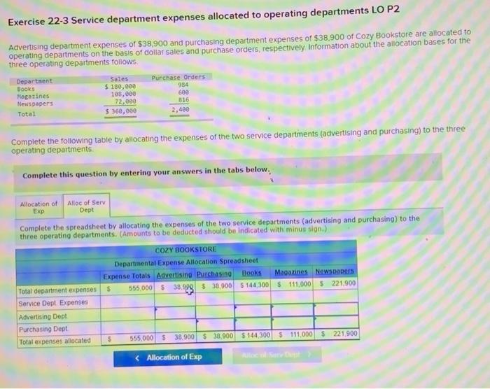 Solved Exercise 22-3 Service department expenses allocated | Chegg.com