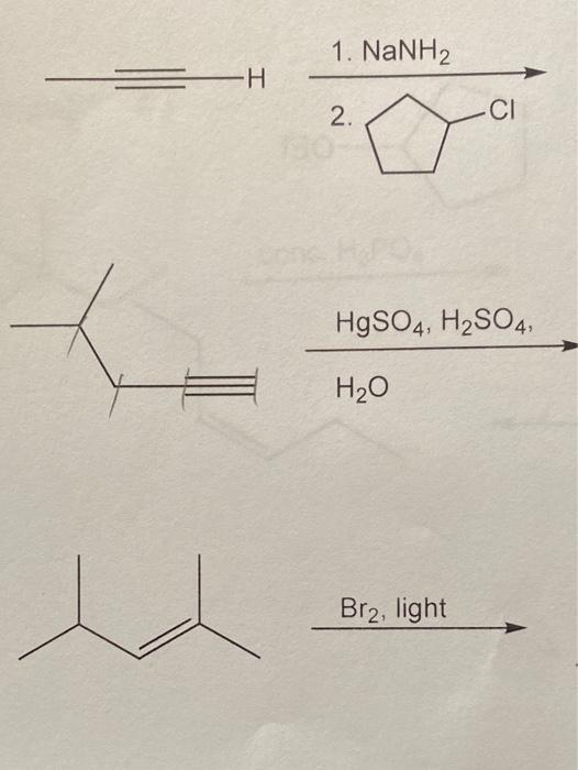 Solved 1. NaNH2 EH 2 . -CI HgSO4, H2SO4 H20 Br2, light | Chegg.com