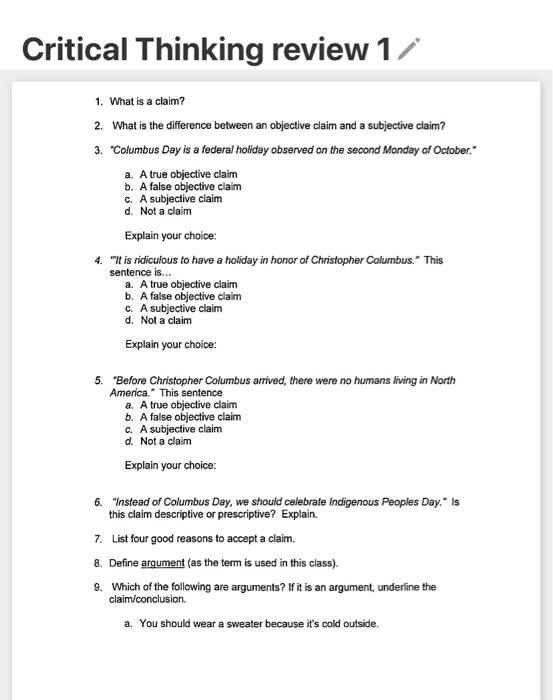 Solved Critical Thinking review 1) 1. What is a claim? 2. | Chegg.com
