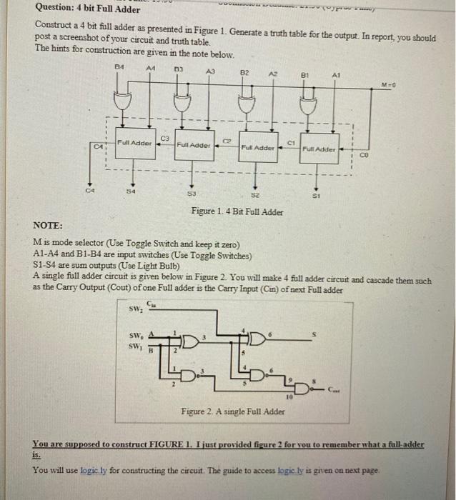 Solved Question: 4 bit Full Adder Construct a 4 bit full | Chegg.com