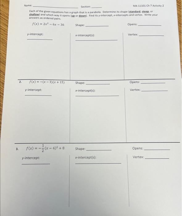 Solved Name: Section: MA 11101Ch7 Activity 2 Each of the | Chegg.com