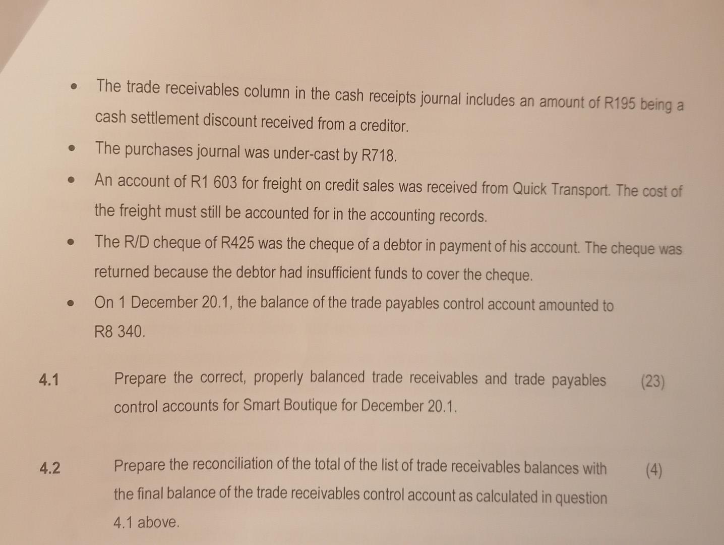 Solved TRADE RECEIVABLES CONTROL DR 20.1 CR R 20.1 Dec 15 | Chegg.com